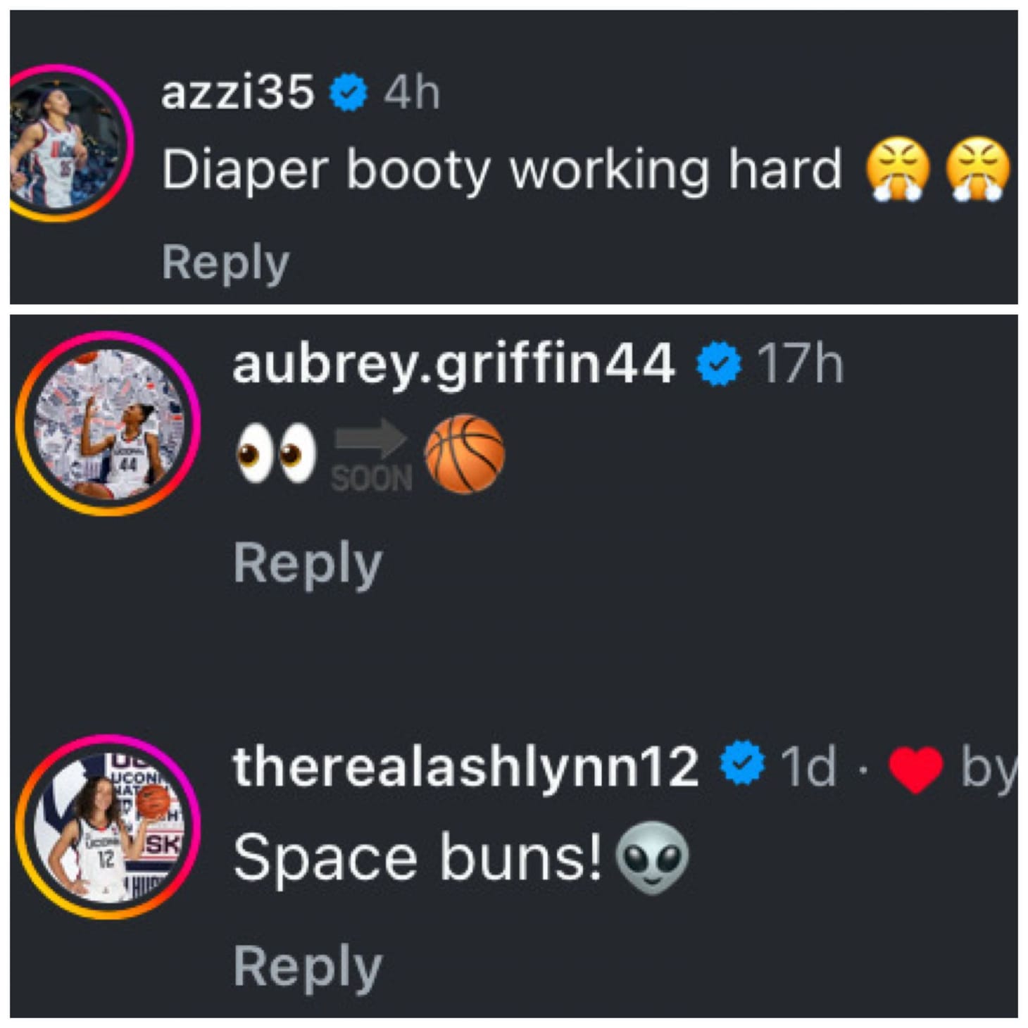 Azzi Fudd, KK Arnold and Kayleigh Heckel hype up Morgan Cheli as UConn ...