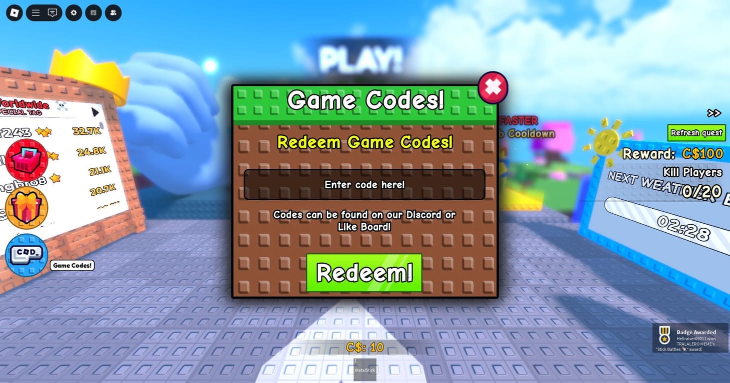 Roblox Stick Battles codes (July 2025)