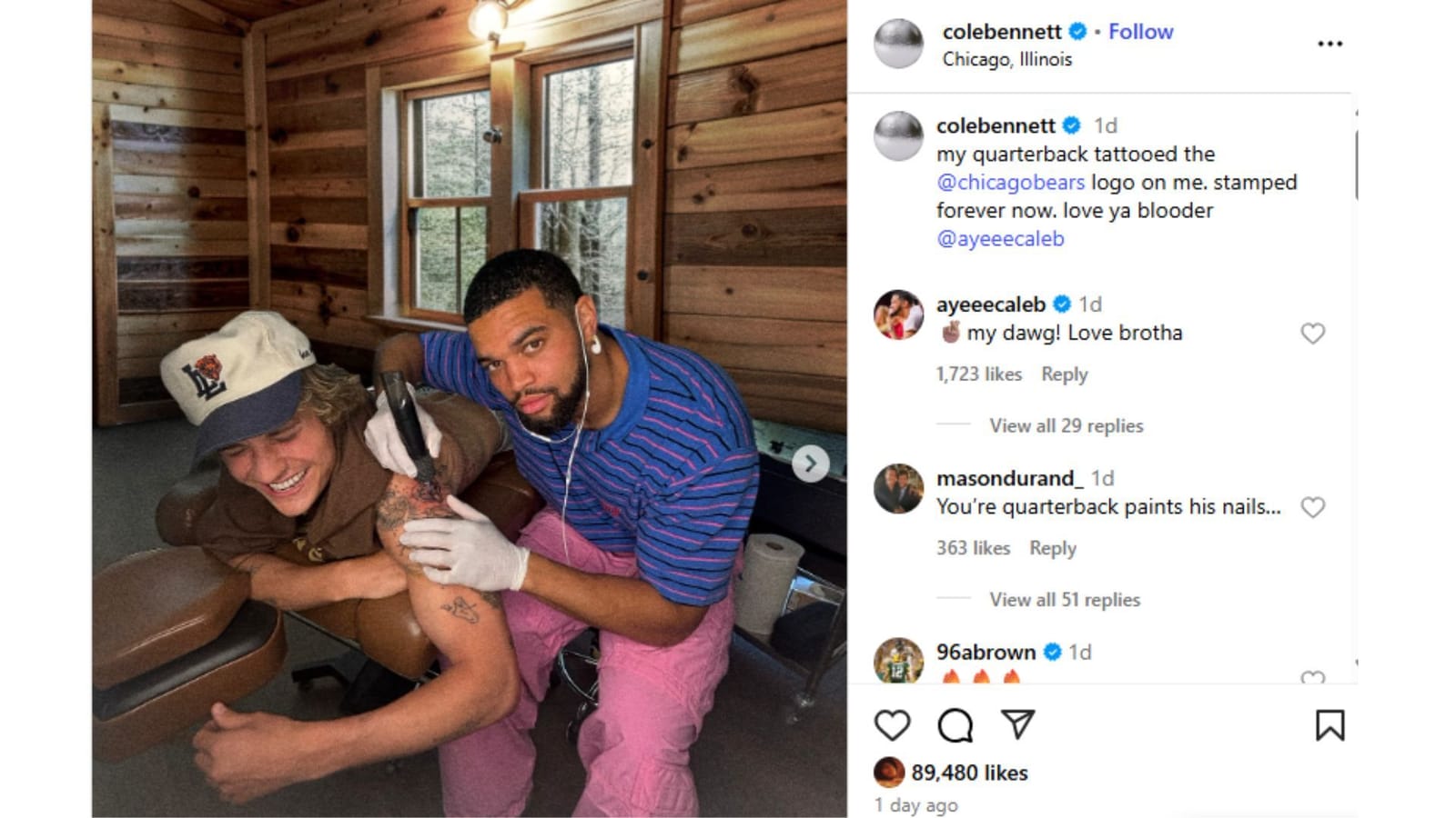 Caleb Williams tattoos Bears logo on his "dawg" Cole Bennett 2 months ...