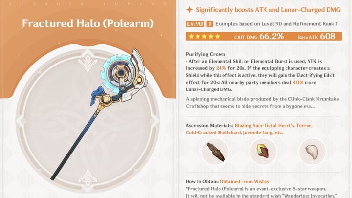 Genshin Impact Fractured Halo stats and materials