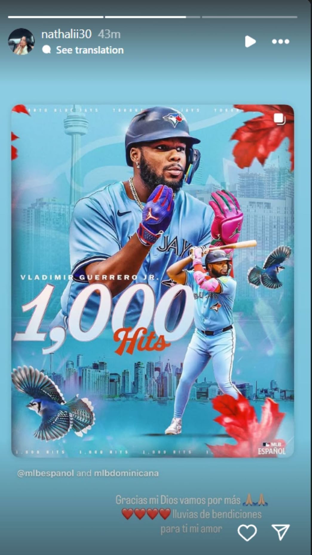 Vladimir Guerrero Jr.’s wife Nathalie sends heartfelt message on 1,000th career hit vs. Athletics