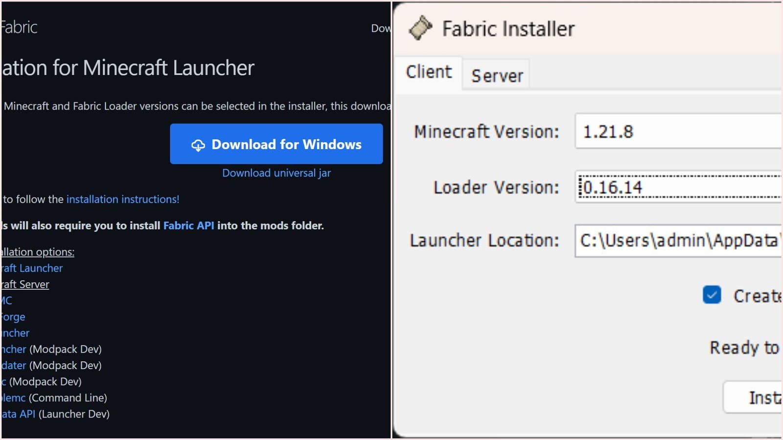 How to download Minecraft Fabric 1.21.8