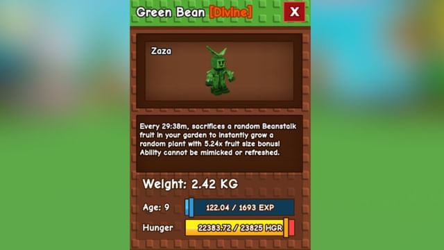 What does Green Bean Pet do in Grow a Garden?