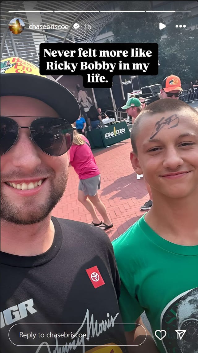 JGR star Chase Briscoe signs an autograph on a fan’s forehead and drops ...