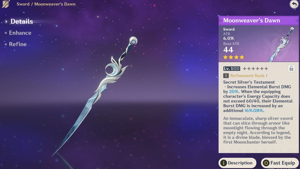Genshin Impact Moonweaver's Dawn weapon guide