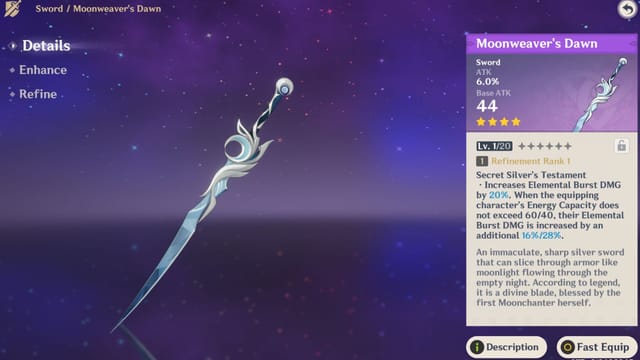 Genshin Impact Moonweaver's Dawn weapon guide