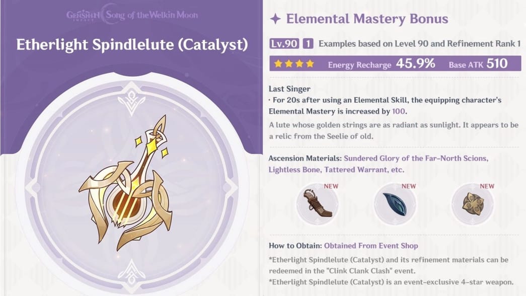 Genshin Impact Etherlight Spindlelute stats and materials