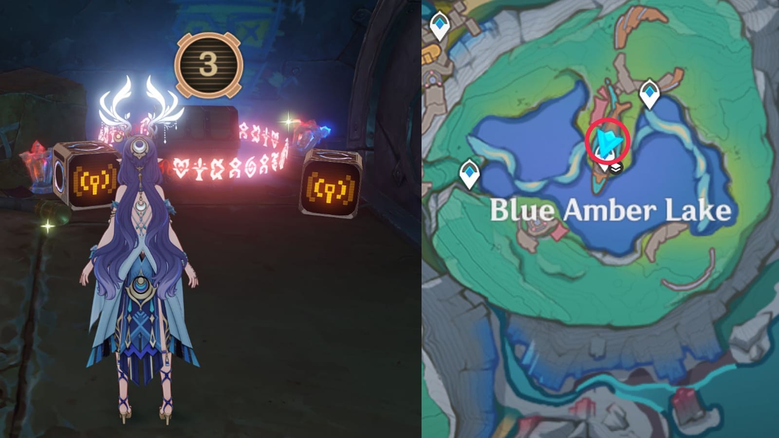 Genshin Impact Blue Amber Lake robot puzzle guide