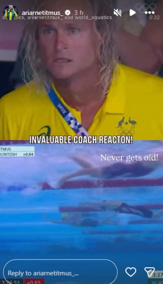 Ariarne Titmus reacts to her coach Dean Boxall's viral celebration at ...