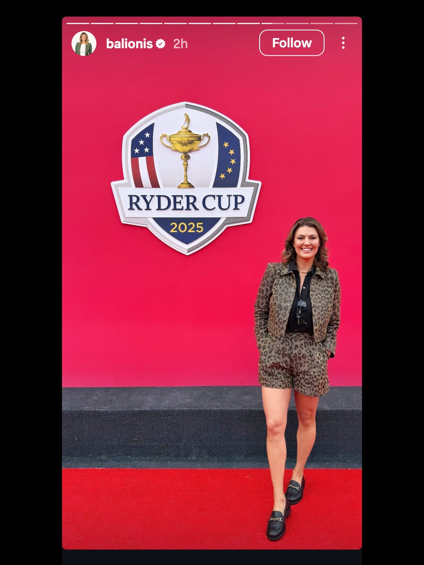 Amanda Balionis poses in $850 leopard print co ord set at Bethpage Black