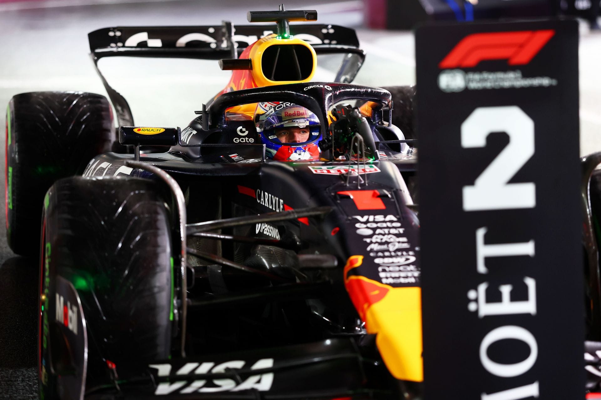 Max Verstappen reacts to securing a front row start for the F1 Las Vegas GP