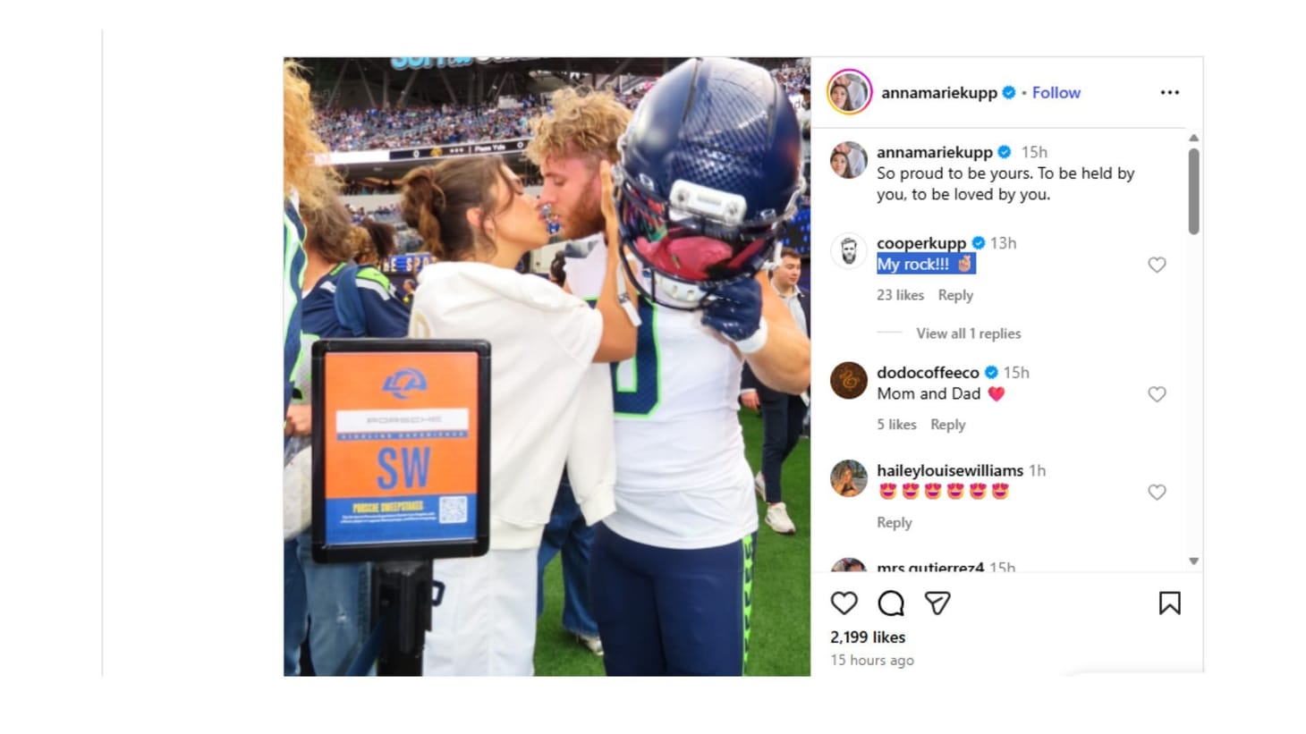 Cooper Kupp and wife Anna lock lips on sideline during Seahawks WR's ...