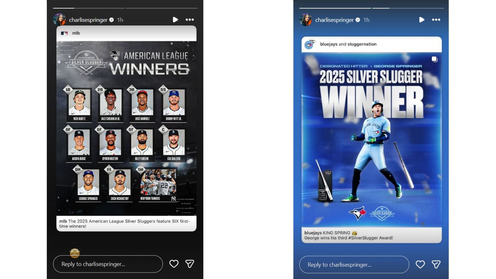 George Springer’s wife Charlise reacts as Blue Jays' slugger claims Silver Slugger at DH after ...