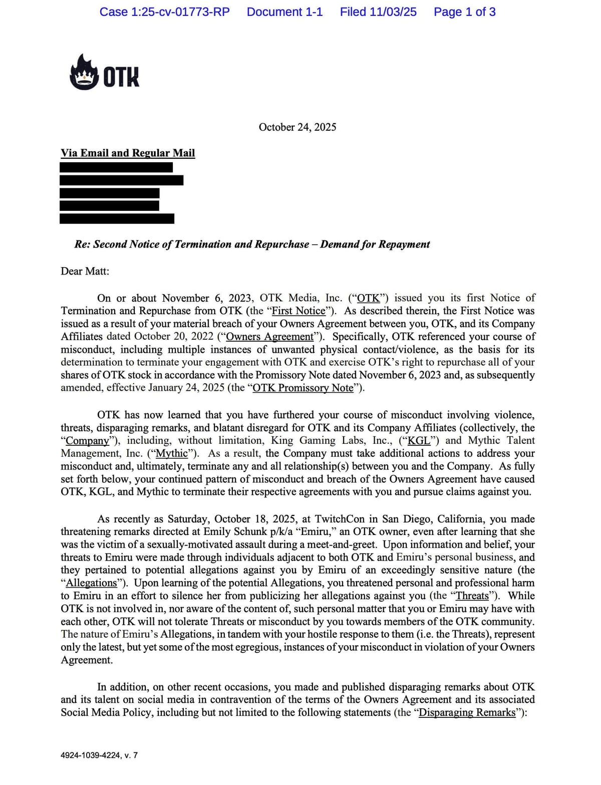 OTK's alleged "second notice of termination" letter to Mizkif: Details ...