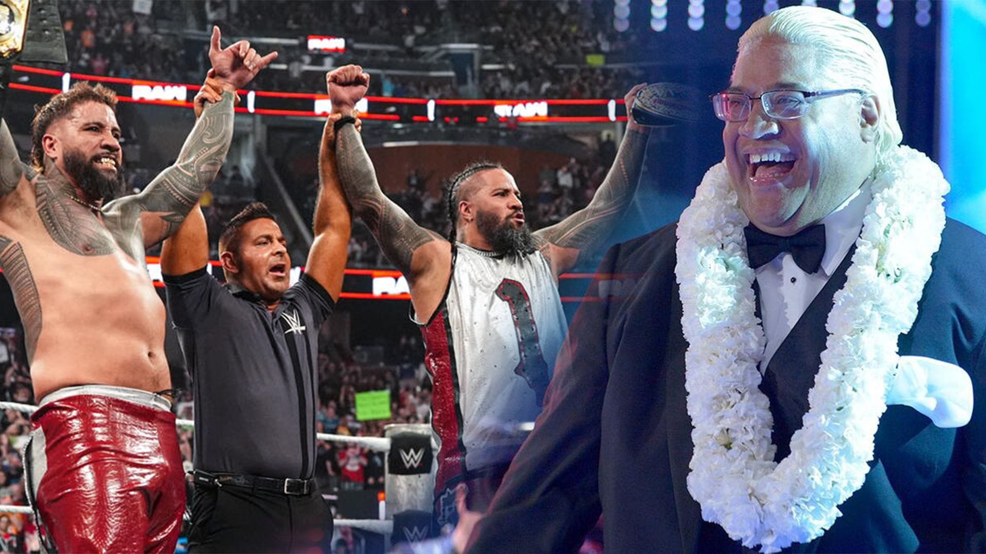 Rikishi reacts as The Usos become tag team champions on WWE RAW
