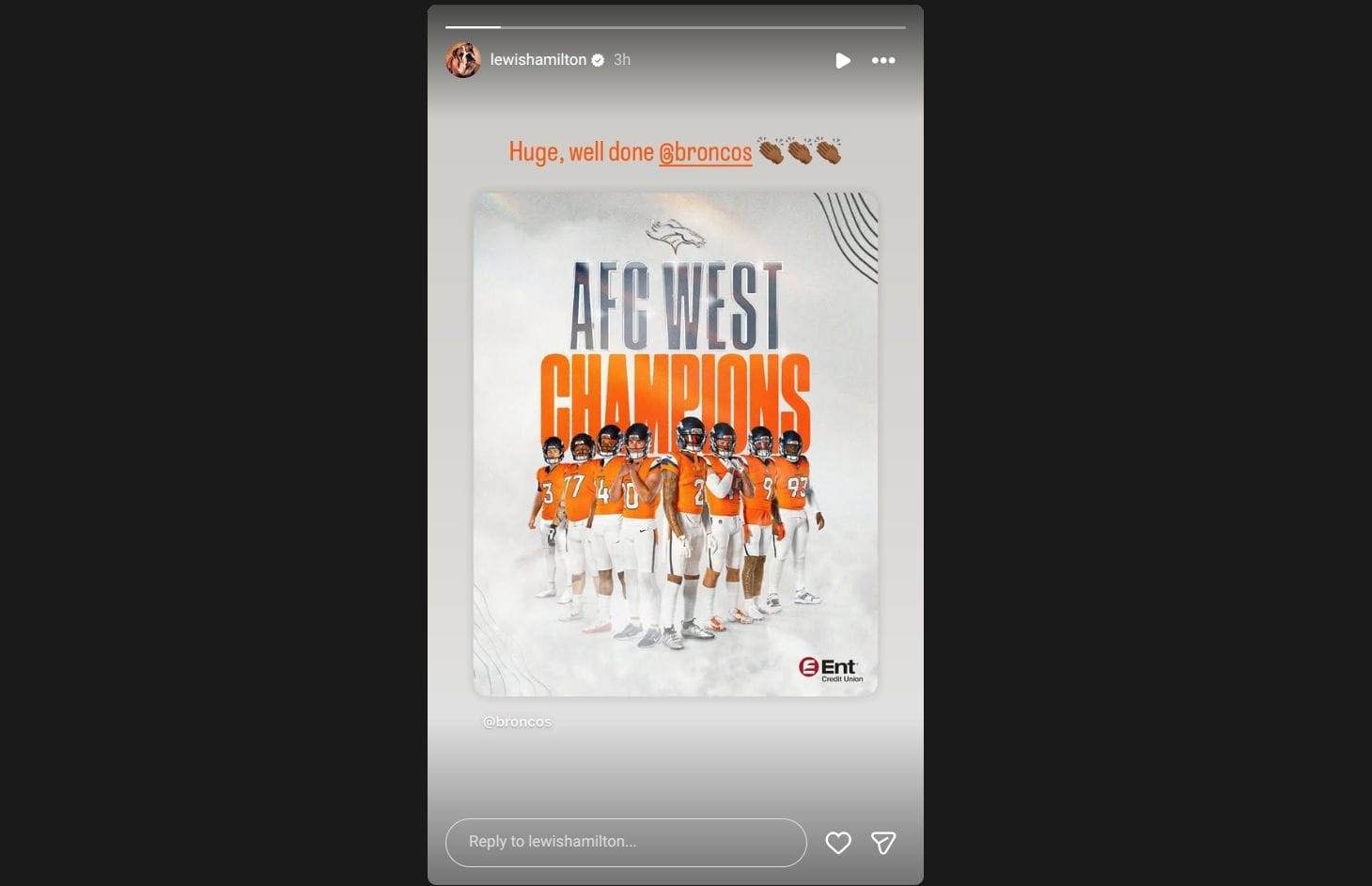 Lewis Hamilton reacts to Denver Broncos securing AFC West title