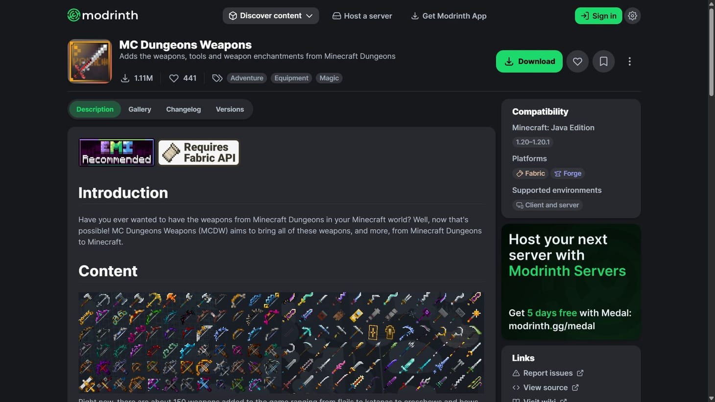 This mod adds 150 weapons from Minecraft Dungeons to the game