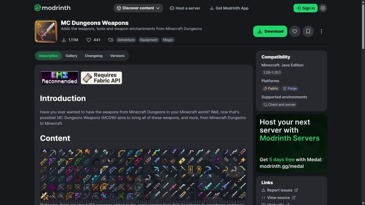 This mod adds 150 weapons from Minecraft Dungeons to the game