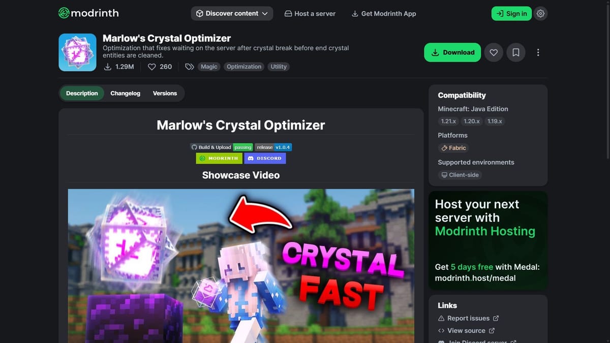 Minecraft Marlow's Crystal Optimizer mod guide