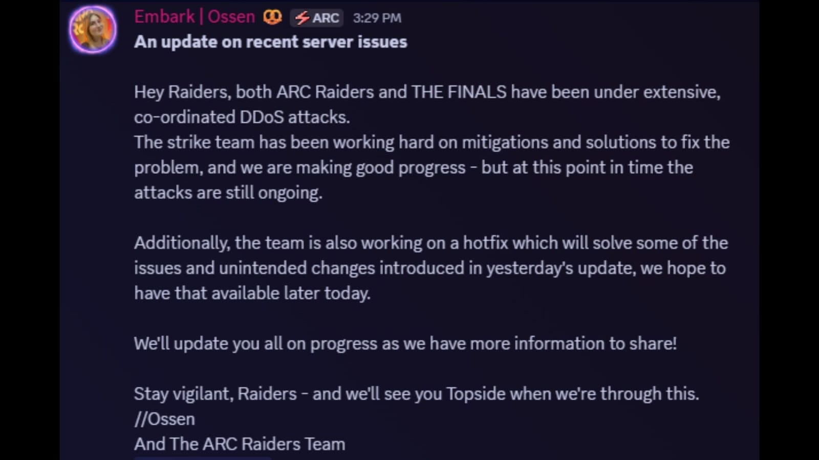 ARC Raiders servers are reportedly going through mass DDOS attack