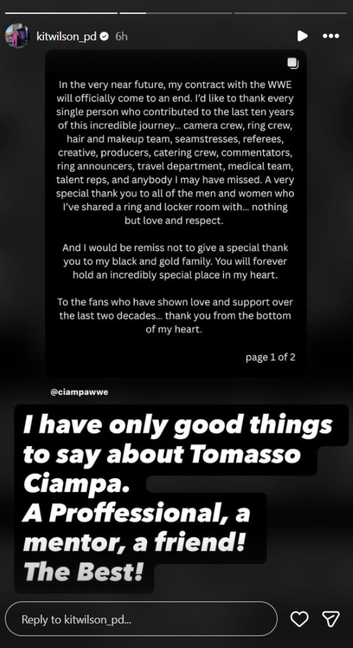 Kit Wilson breaks character to praise former rival exiting WWE