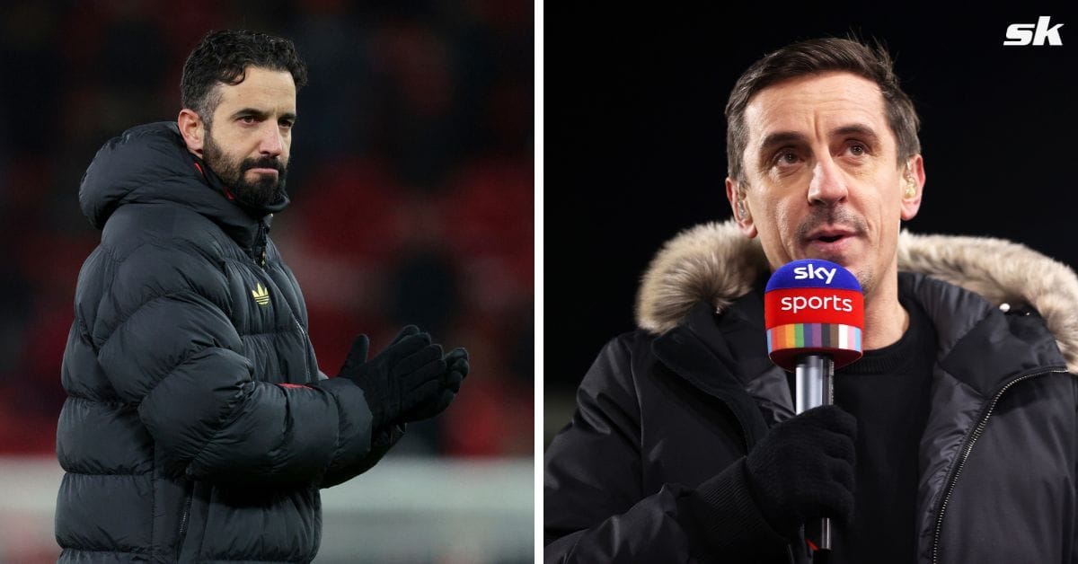 Gary Neville reacts after Amorim mentions his name during Manchester ...