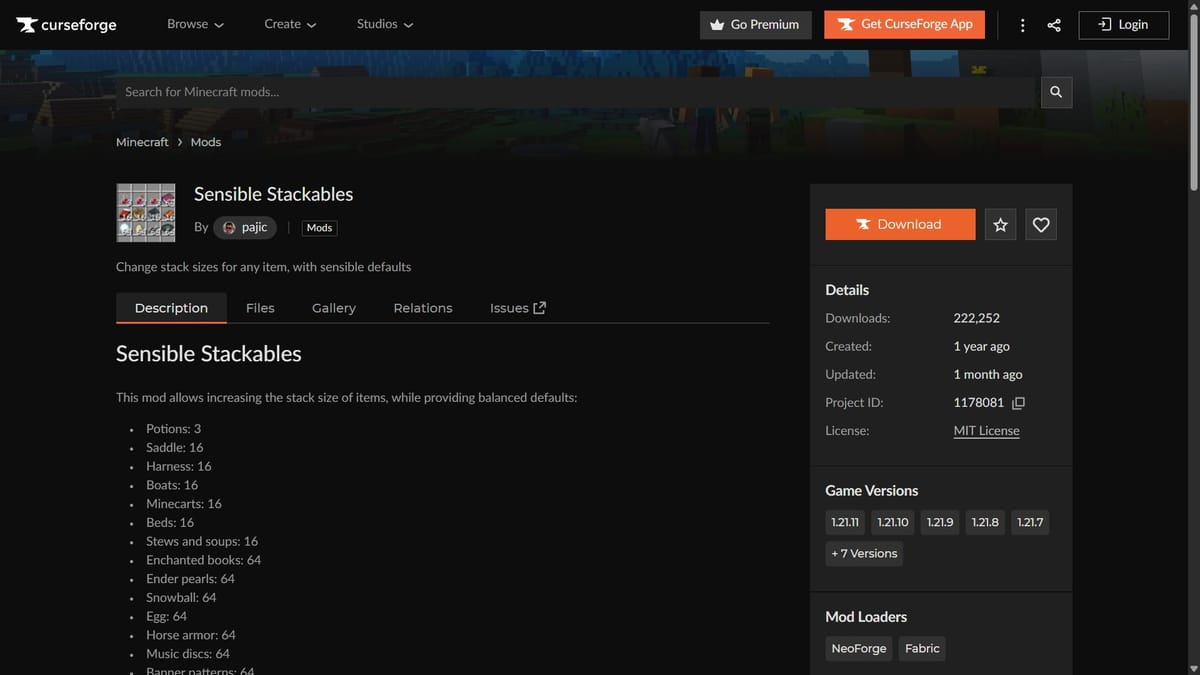 This Minecraft mod increases item stack sizes