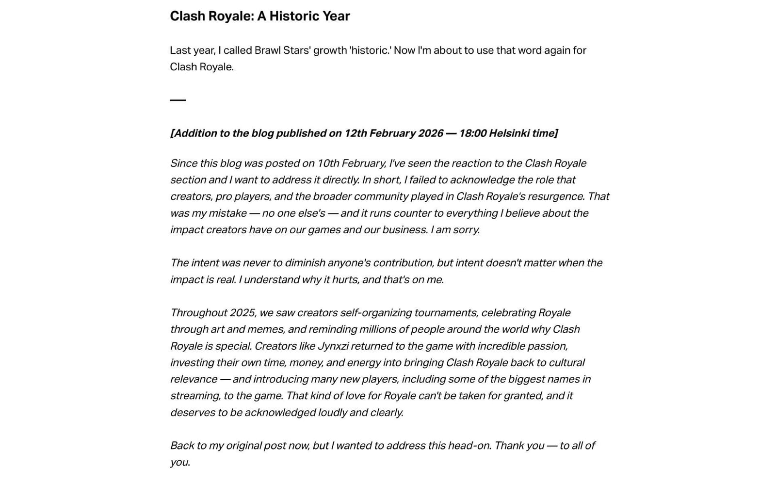 Supercell CEO apologizes for "failing to acknowledge the role" of ...