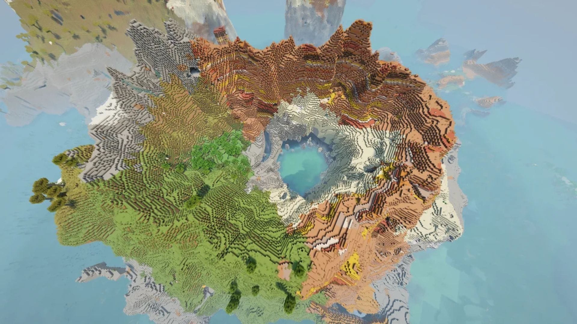 Minecraft seed with a breathtaking crater archipelago at spawn