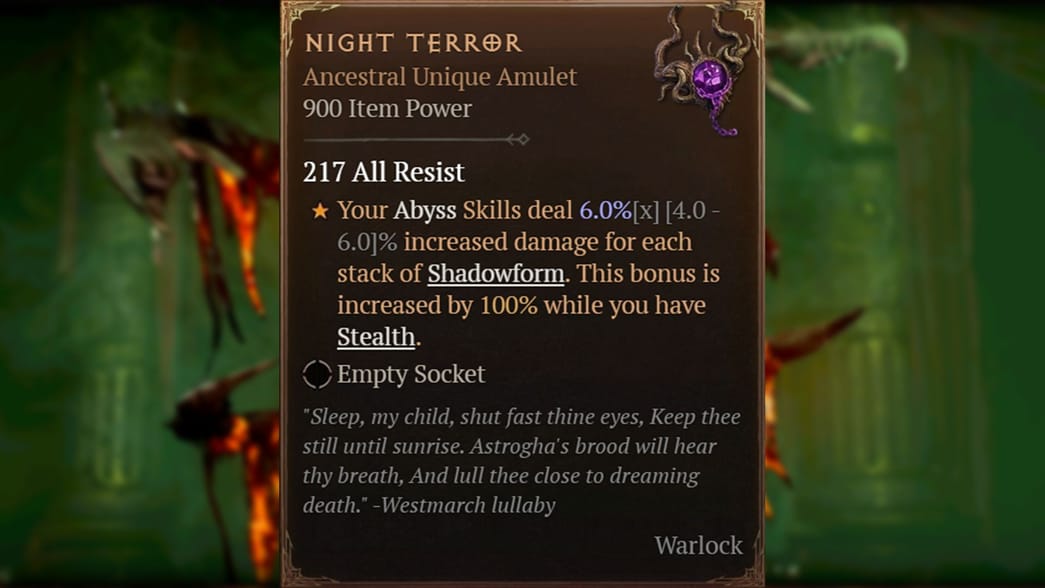 Diablo 4 Night Terror Amulet: Unique effect, how to get, and build usage