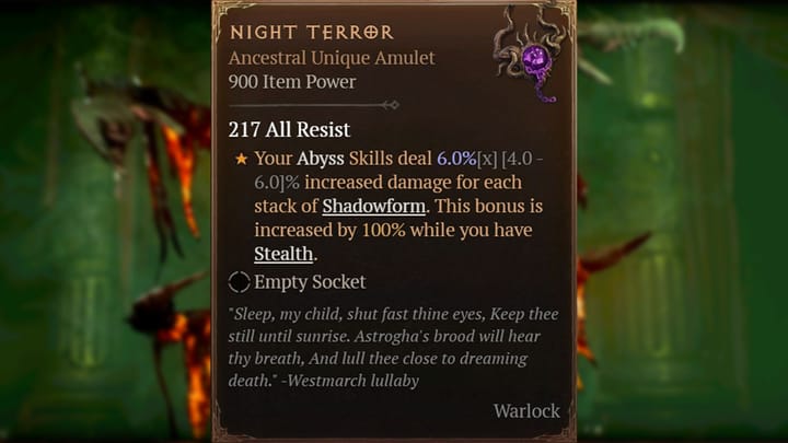 Diablo 4 Night Terror Amulet: Unique effect, how to get, and build usage