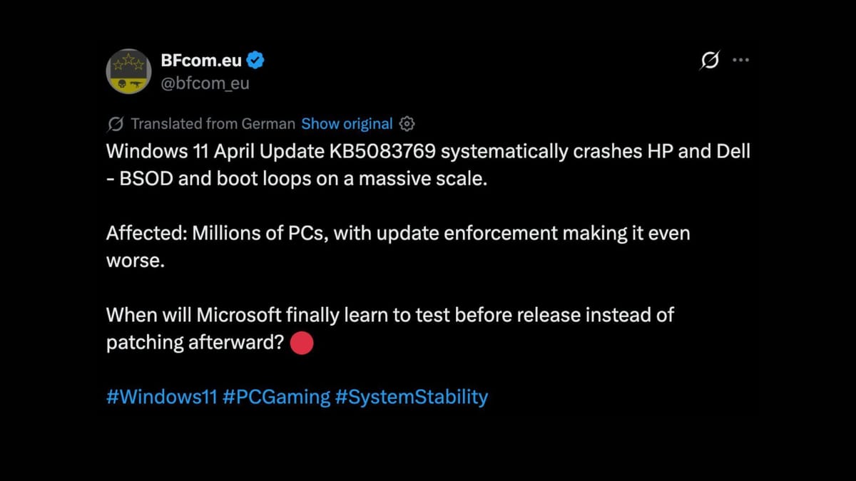 Windows 11 April update reportedly triggers boot loops and BSOD crashes ...